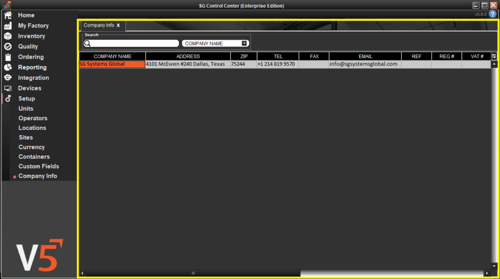 Company Info - Control Center Guide, V5 Traceability