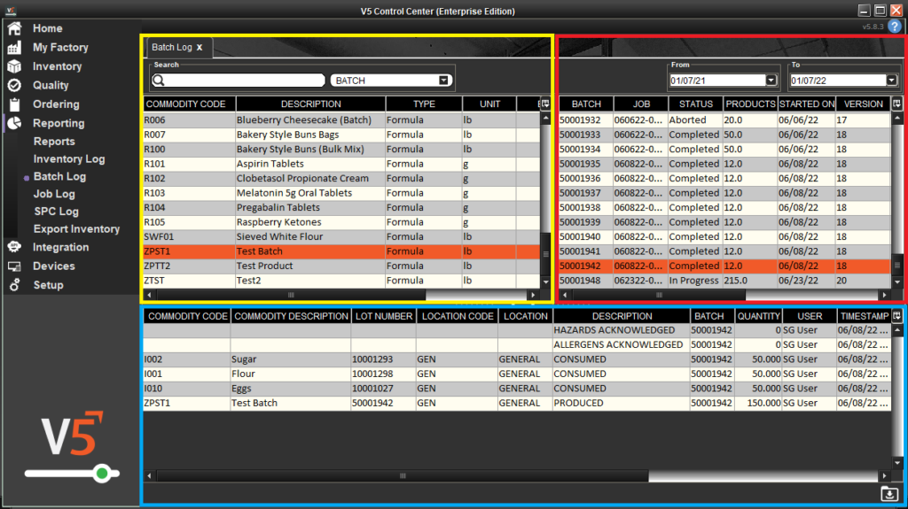 Batch Log - Control Center Guide, V5 Traceability
