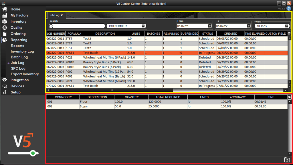 Job Log - Control Center Guide, V5 Traceability