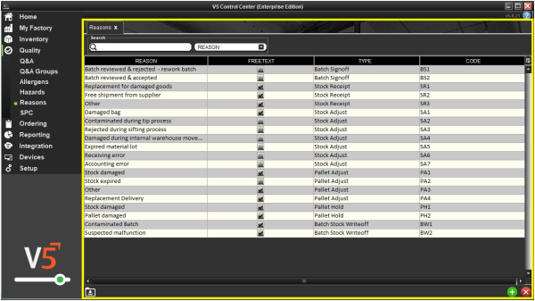 Reasons - Control Center Guide, V5 Traceability
