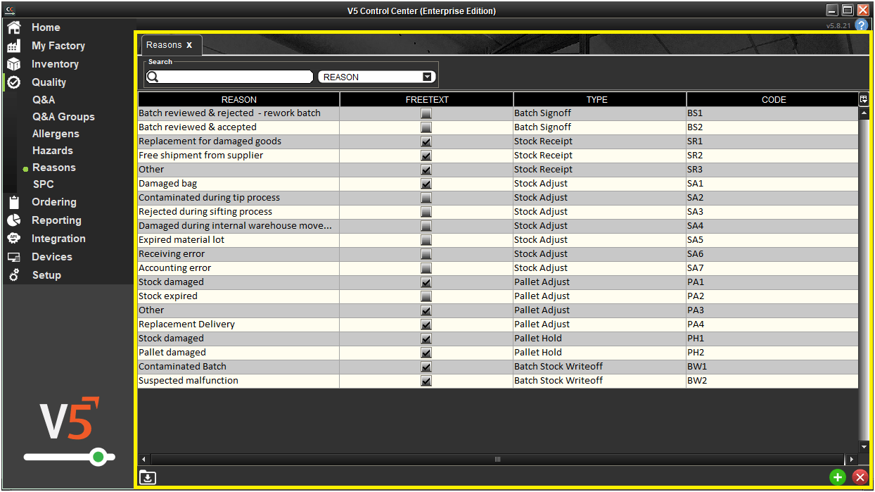 Reasons - Control Center Guide, V5 Traceability
